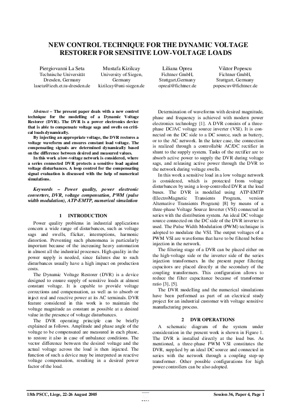 Pdf New Control Technique For The Dynamic Voltage Restorer For Sensitive Low Voltage Loads