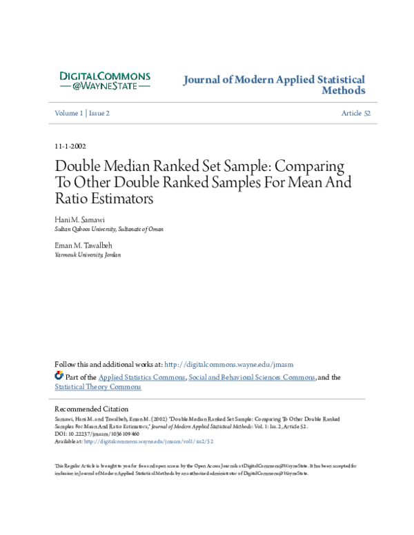 (PDF) Double Median Ranked Set Sample: Comparing To Other Double Ranked Samples For Mean And ...