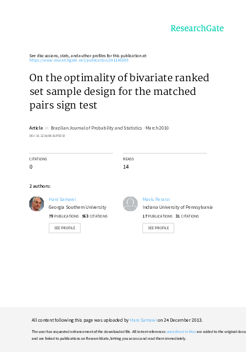 Pdf On The Optimality Of Bivariate Ranked Set Sample Design For The Matched Pairs Sign Test
