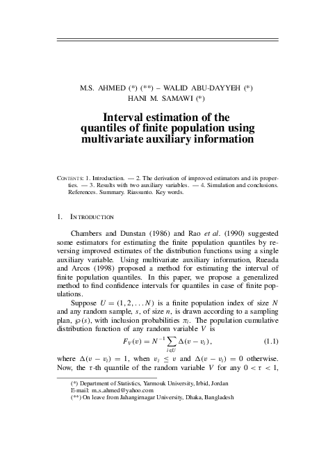Pdf Interval Estimation Of The Quantiles Of Finite Population Using Multivariate Auxiliary