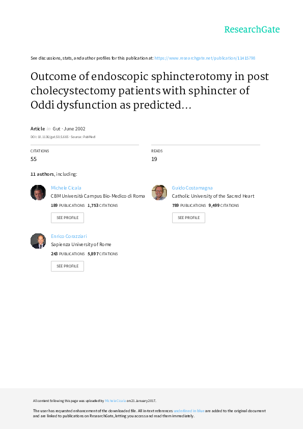 (PDF) Outcome of endoscopic sphincterotomy in post cholecystectomy patients with sphincter of ...