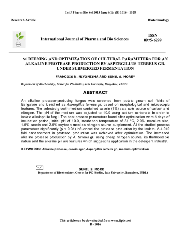 Pdf Production Purification And Characterization Of Alkaline Protease From Aspergillus