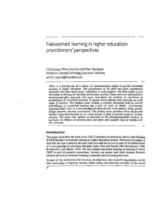 (PDF) Networked Learning In Higher Education: Practitioners' Perspectives