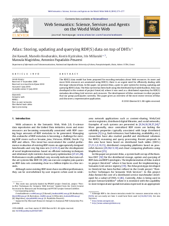 (PDF) Atlas: Storing, Updating and Querying RDF (S) Data on Top of DHTs
