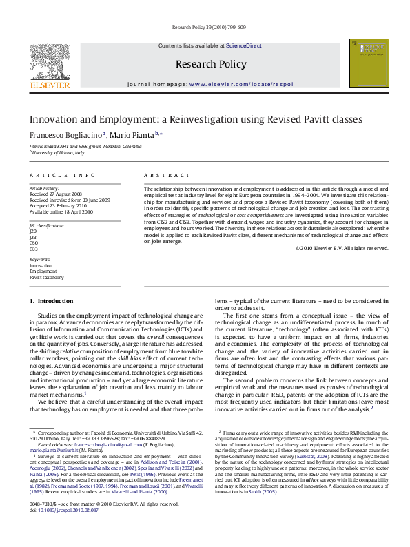 (PDF) Innovation and Employment: a Reinvestigation Using Revised Pavitt ...