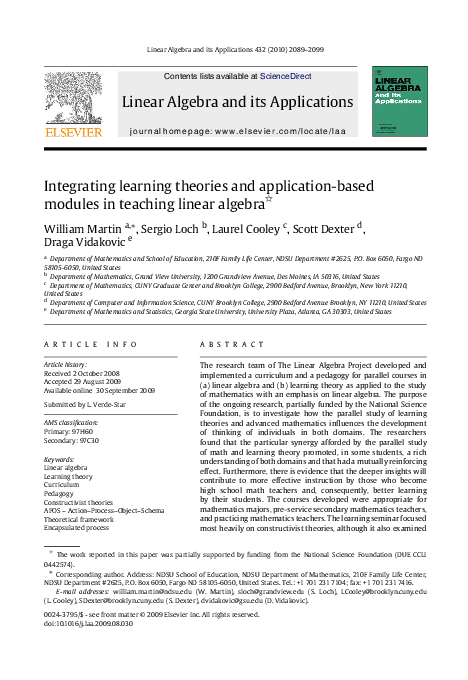 (PDF) Integrating Learning Theories and Application-Based Modules In Teaching Linear Algebra