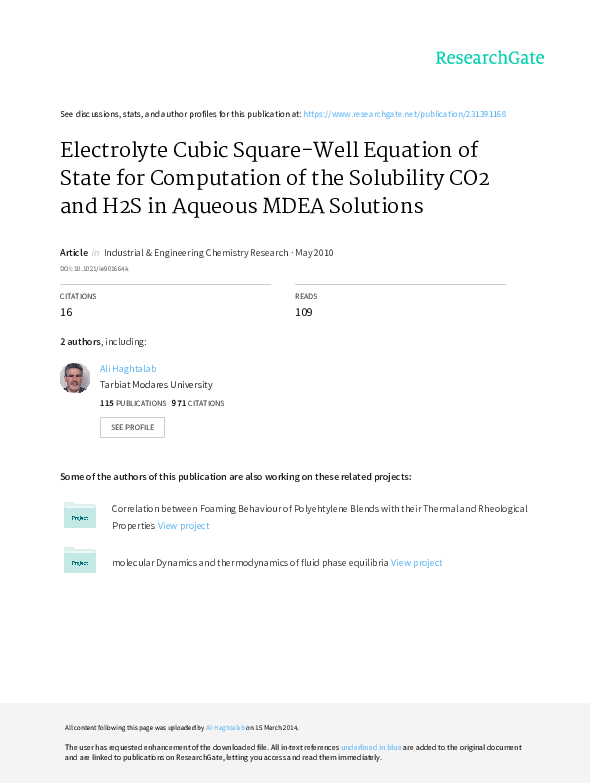 Electrolyte Cubic Square-Well Equation of State for Computation of the Solubility CO2 and H2S In ...