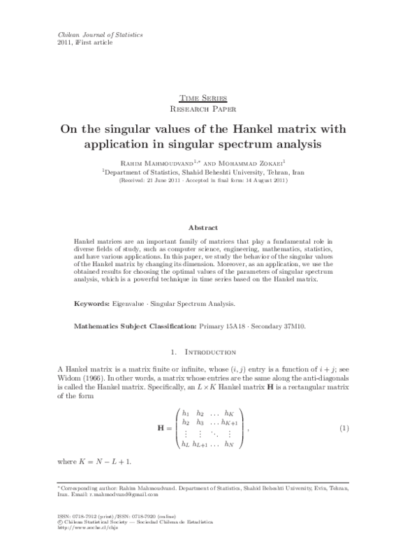 Pdf On The Singular Values Of The Hankel Matrix With Application In