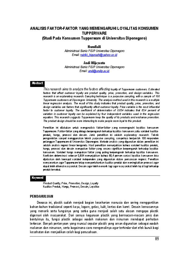 (PDF) ANALISIS FAKTOR-FAKTOR YANG MEMENGARUHI LOYALITAS KONSUMEN TUPPERWARE (Studi Pada Konsumen ...