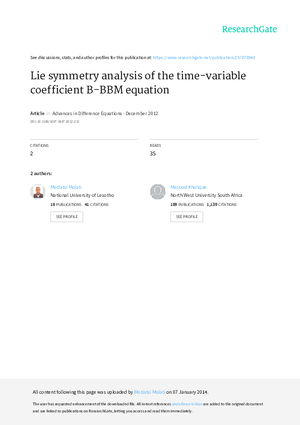 (PDF) Lie symmetry analysis of the time-variable coefficient B-BBM equation