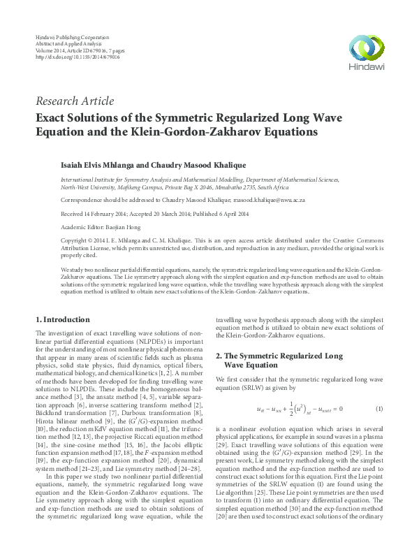 Pdf Exact Solutions Of The Symmetric Regularized Long Wave Equation And The Klein Gordon