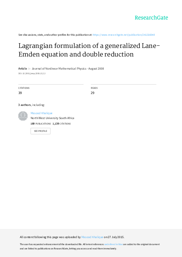 (PDF) Lagrangian formulation of a generalized Lane-Emden equation and double reduction