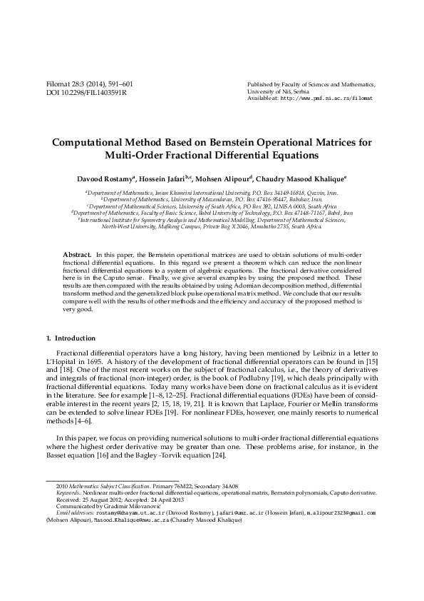 Pdf Computational Method Based On Bernstein Operational Matrices For Multi Order Fractional
