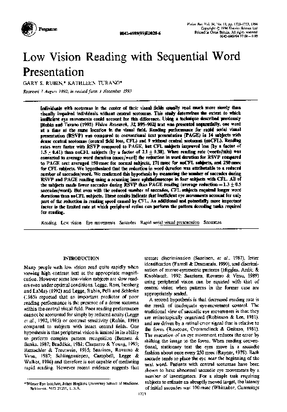 (PDF) Low Vision Reading With Sequential Word Presentation