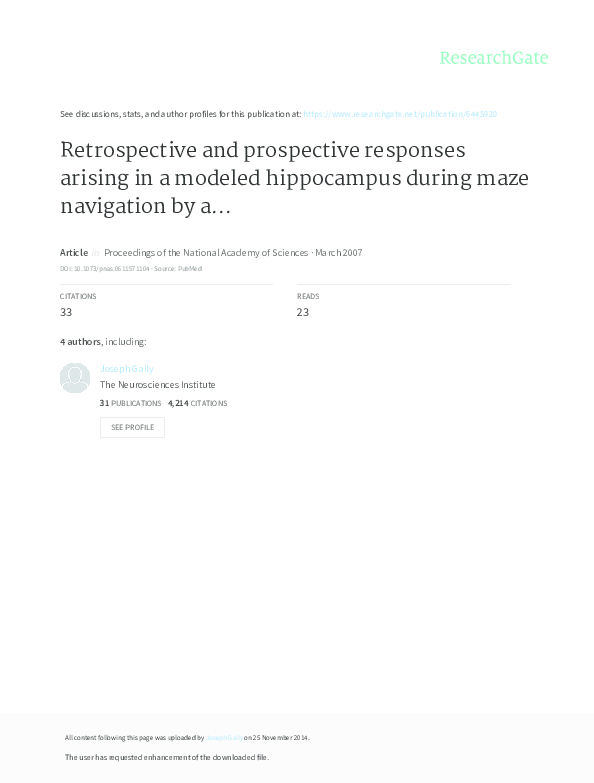 Pdf Retrospective And Prospective Responses Arising In A Modeled Hippocampus During Maze