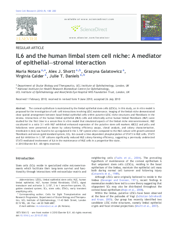 Il6 And The Human Limbal Stem Cell Niche A Mediator Of Epithelial