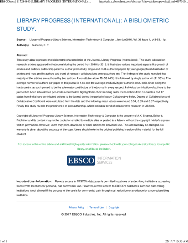 (PDF) LIBRARY PROGRESS (INTERNATIONAL): A BIBLIOMETRIC STUDY
