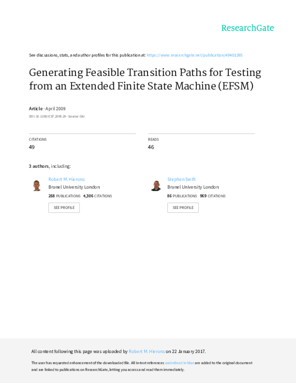 Pdf Generating Feasible Transition Paths For Testing From An Extended Finite State Machine Efsm