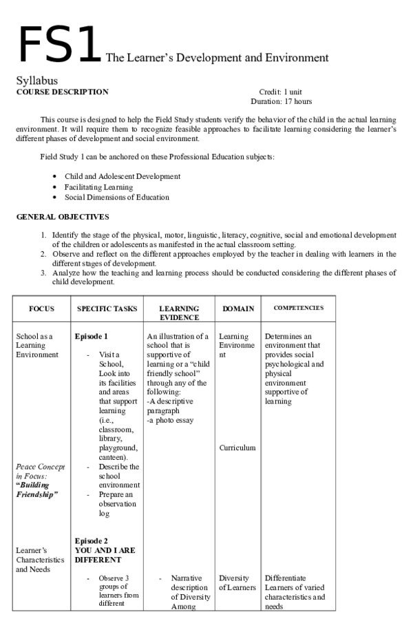 (DOC) FS1The Learner's Development and Environment Syllabus