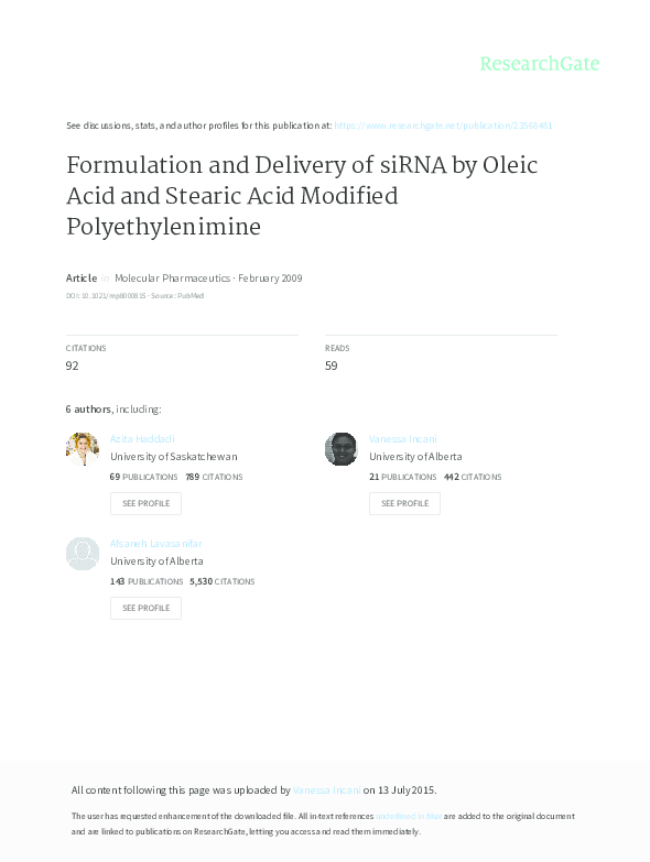 (PDF) Formulation and Delivery of SiRNA by Oleic Acid and Stearic Acid ...