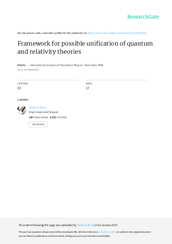 (PDF) Framework for Possible Unification of Quantum and Relativity Theories