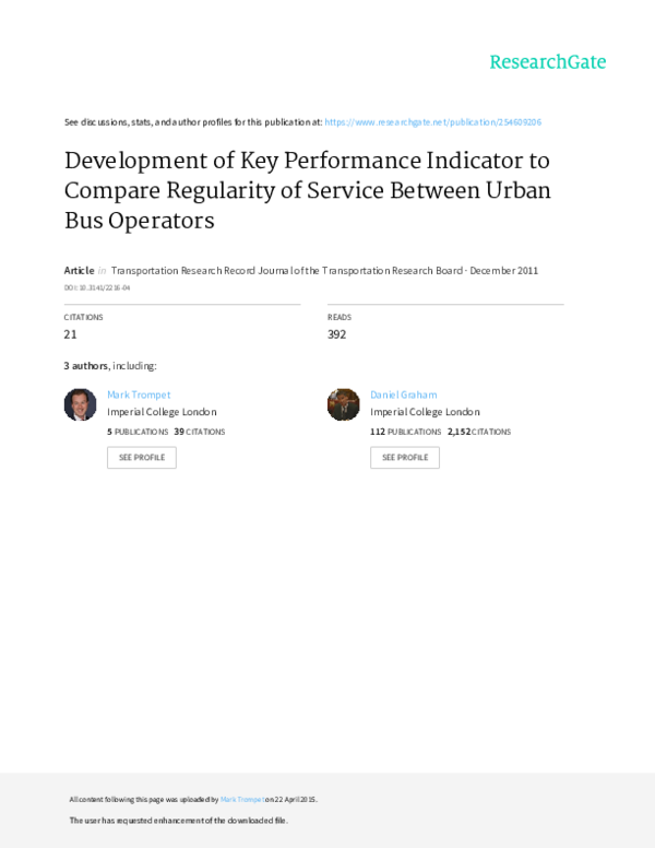 (PDF) Development of Key Performance Indicator to Compare Regularity of Service Between Urban ...