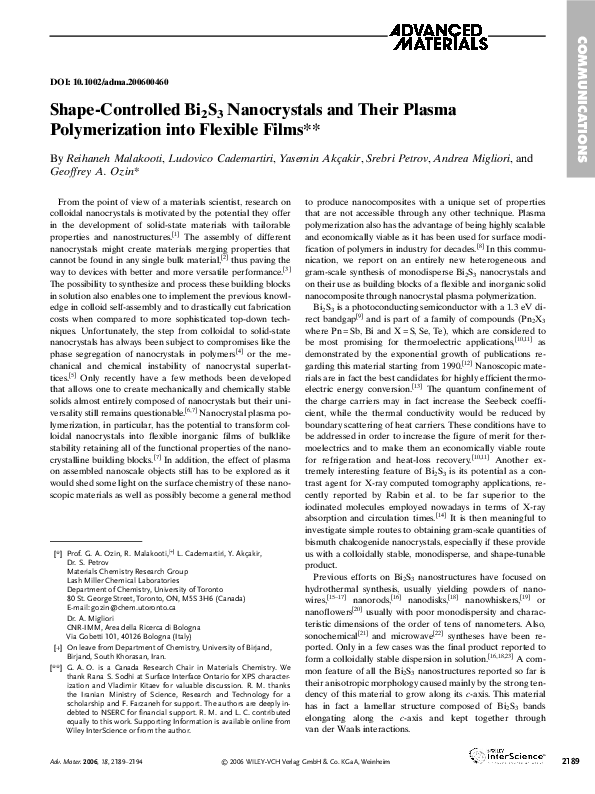 (PDF) Shape-Controlled Bi2S3 Nanocrystals and Their Plasma Polymerization Into Flexible Films