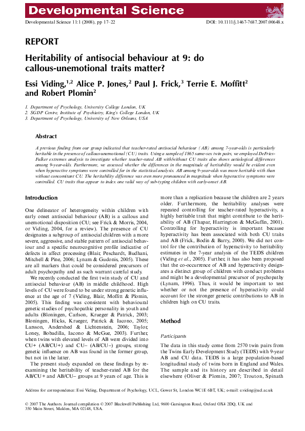 (PDF) Heritability of Antisocial Behaviour at 9: Do Callous-Unemotional ...