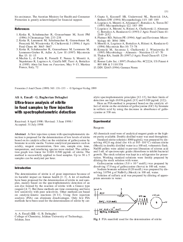 Pdf Ultra Trace Analysis Of Nitrite In Food Samples By Flow Injection With Spectrophotometric