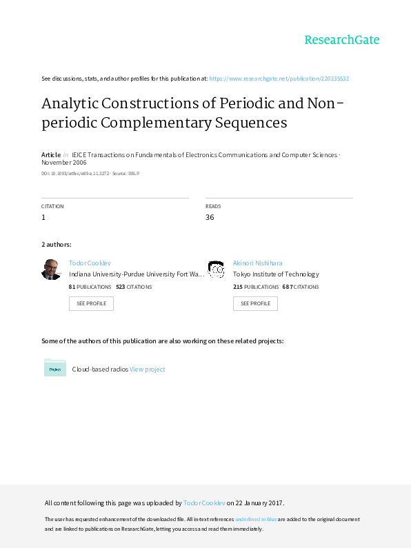 (PDF) Analytic Constructions of Periodic and Non-Periodic Complementary Sequences
