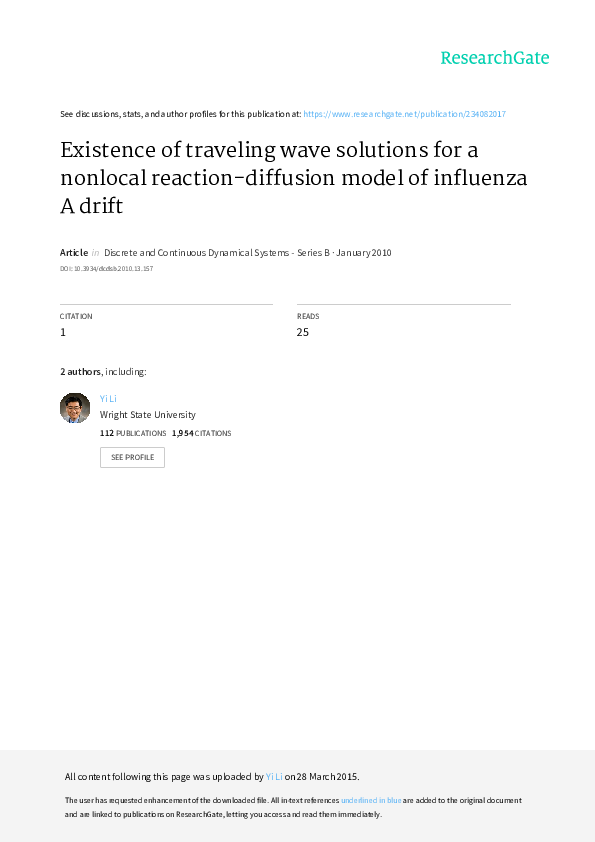 Pdf Existence Of Traveling Wave Solutions For A Nonlocal Reaction Diffusion Model Of Influenza