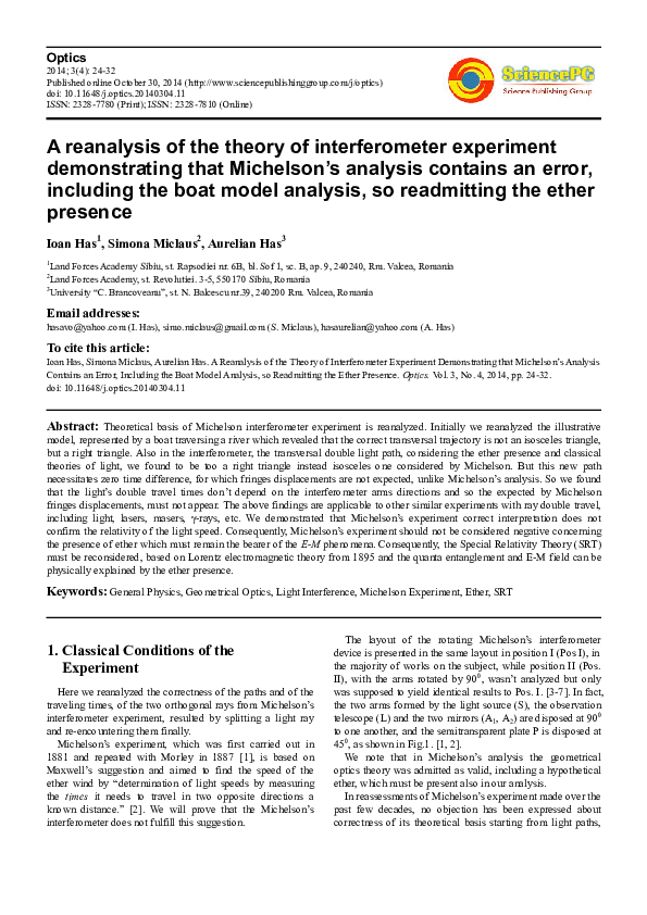 (PDF) A Reanalysis of the Theory of Interferometer Experiment ...