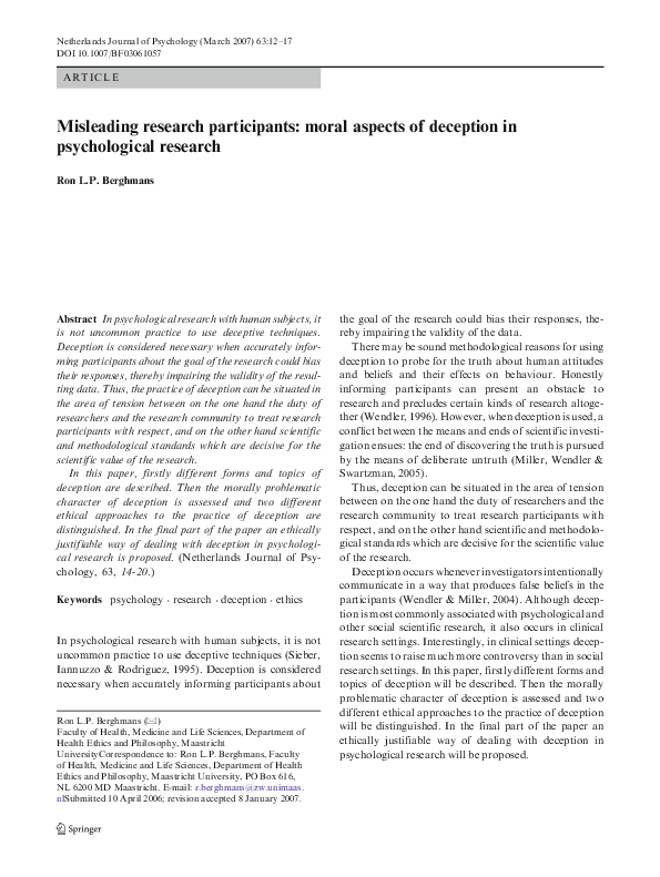 (PDF) Misleading Research Participants: Moral Aspects of Deception In ...