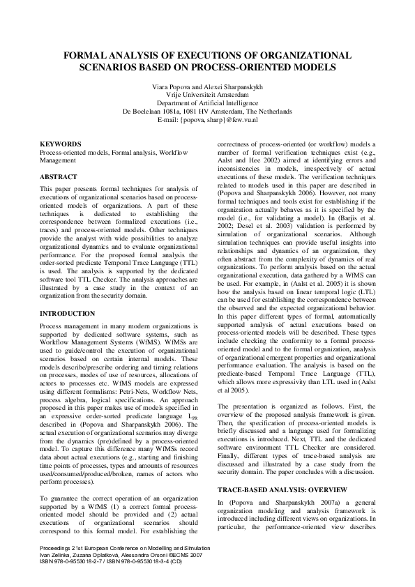 (PDF) Formal Analysis of Executions of Organizational Scenarios Based on Process-Oriented ...