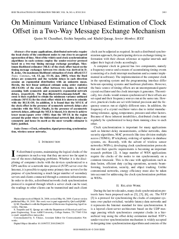 Pdf On Minimum Variance Unbiased Estimation Of Clock Offset In A Two