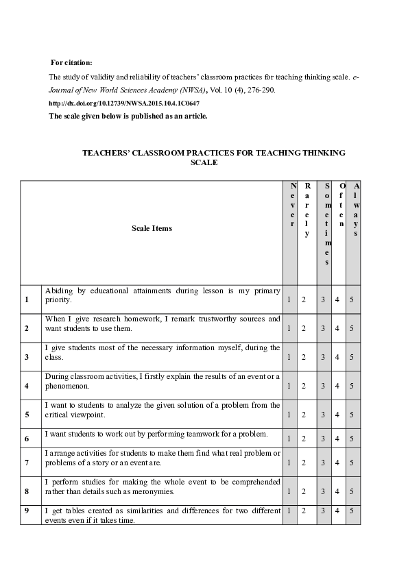 (DOC) Teaching Thinking Scale (English Version)