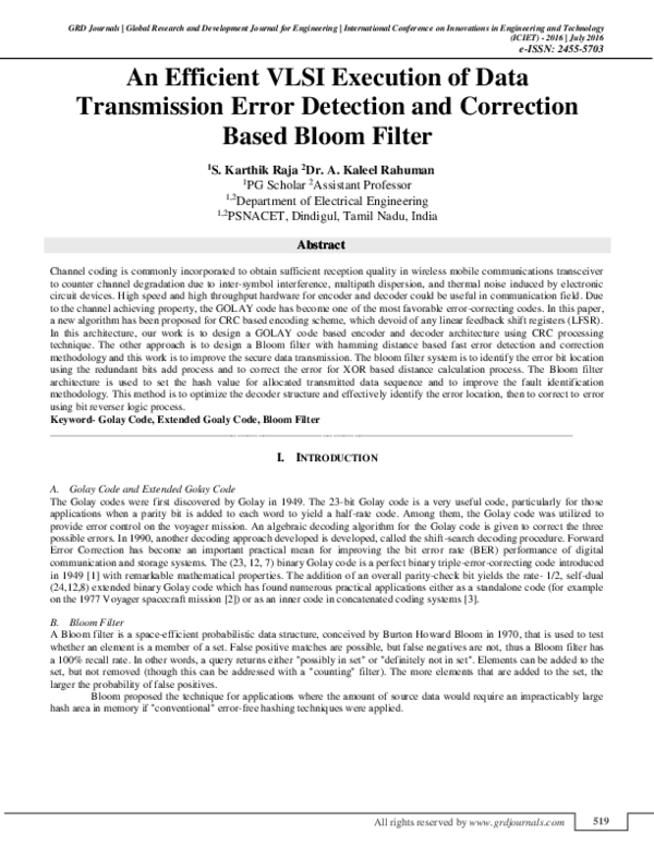 Pdf An Efficient Vlsi Execution Of Data Transmission Error Detection And Correction Based
