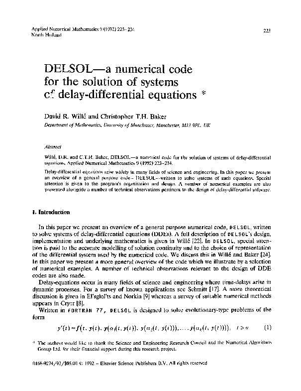 (PDF) DELSOL--a Numerical Code for the Solution of Systems of Delay-Differential Equations
