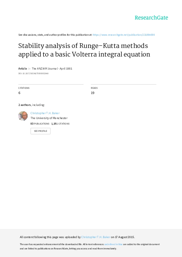 (PDF) Stability Analysis of Runge Kutta Methods Applied to a Basic Volterra Integral Equation