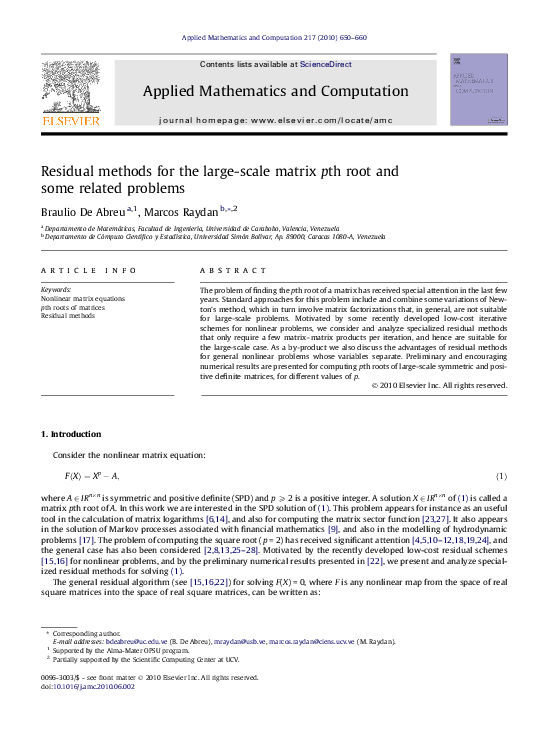 Pdf Residual Methods For The Large Scale Matrix P Th Root And Some