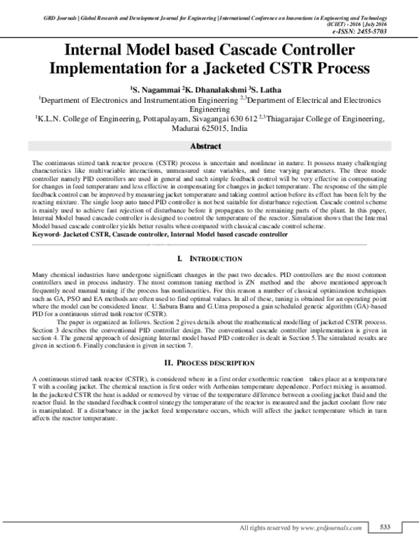 (PDF) Internal Model based Cascade Controller Implementation for a Jacketed CSTR Process