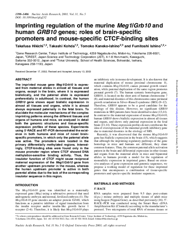 (PDF) Imprinting Regulation of the Murine Meg1/Grb10 and Human GRB10 ...