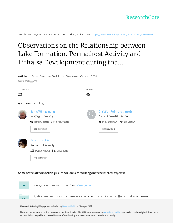 (PDF) Observations on the Relationship Between Lake Formation ...
