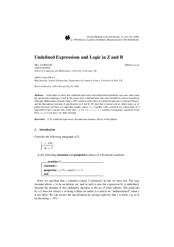 (PDF) Undefined Expressions and Logic In Z and B