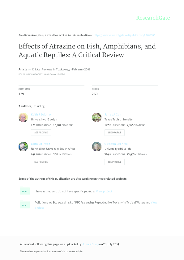 (PDF) Effects of Atrazine on Fish, Amphibians, and Aquatic Reptiles: A ...