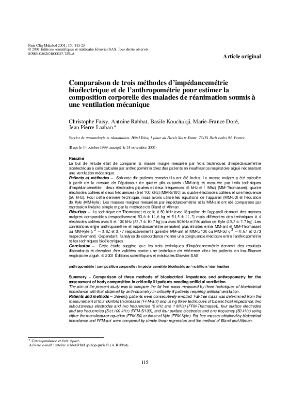 (PDF) Comparaison de trois méthodes d'impédancemétrie bioélectrique et ...