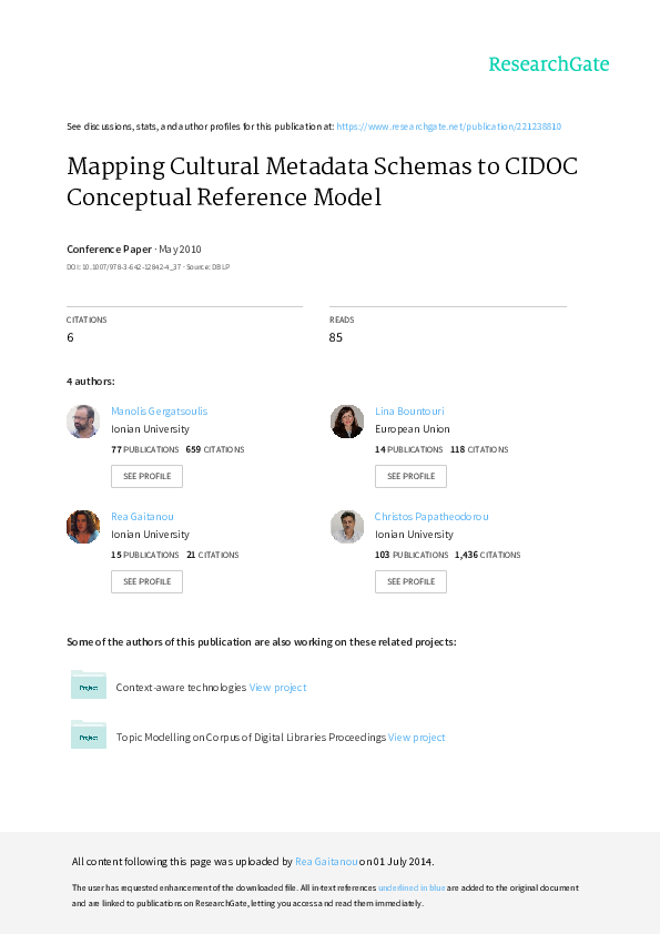 (PDF) Mapping Cultural Metadata Schemas to CIDOC Conceptual Reference Model