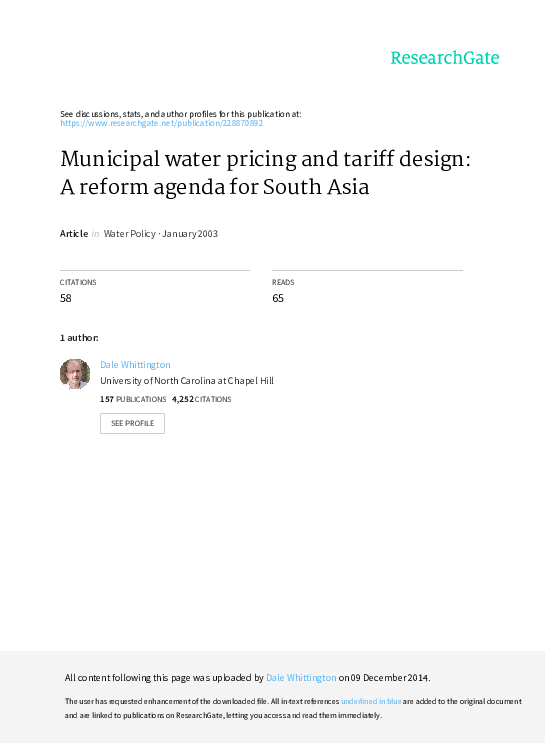 (PDF) Municipal water pricing and tariff design: a reform agenda for ...