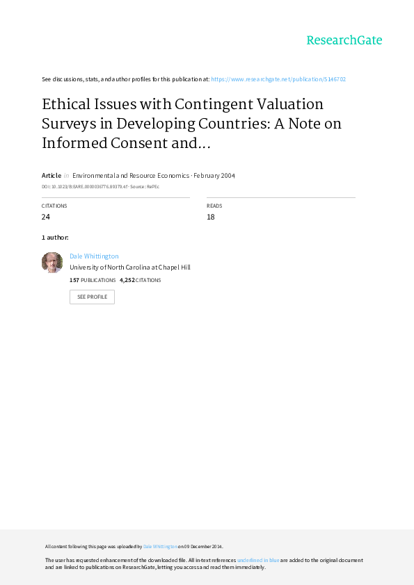 (PDF) Ethical Issues with Contingent Valuation Surveys in Developing ...