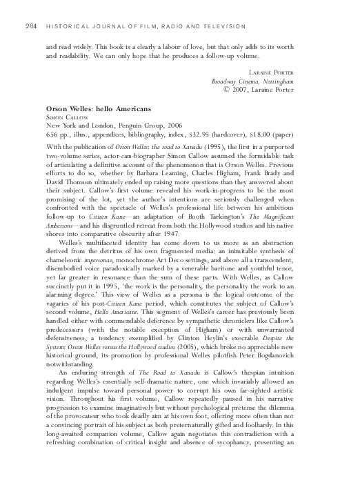 (PDF) Review: Orson Welles volume II: Hello Americans, by Simon Callow